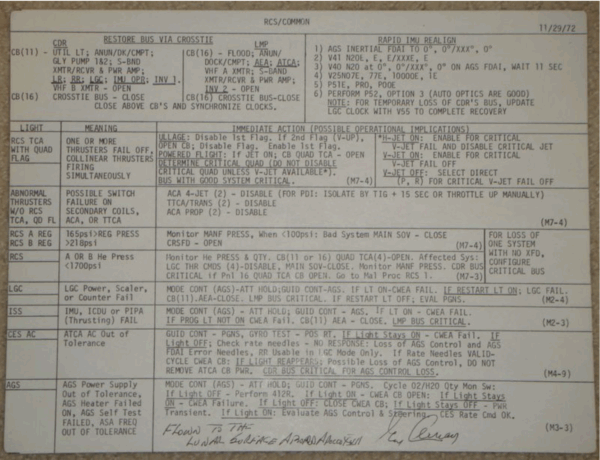 Apollo 17 lunar module flown RCS / Common cue card